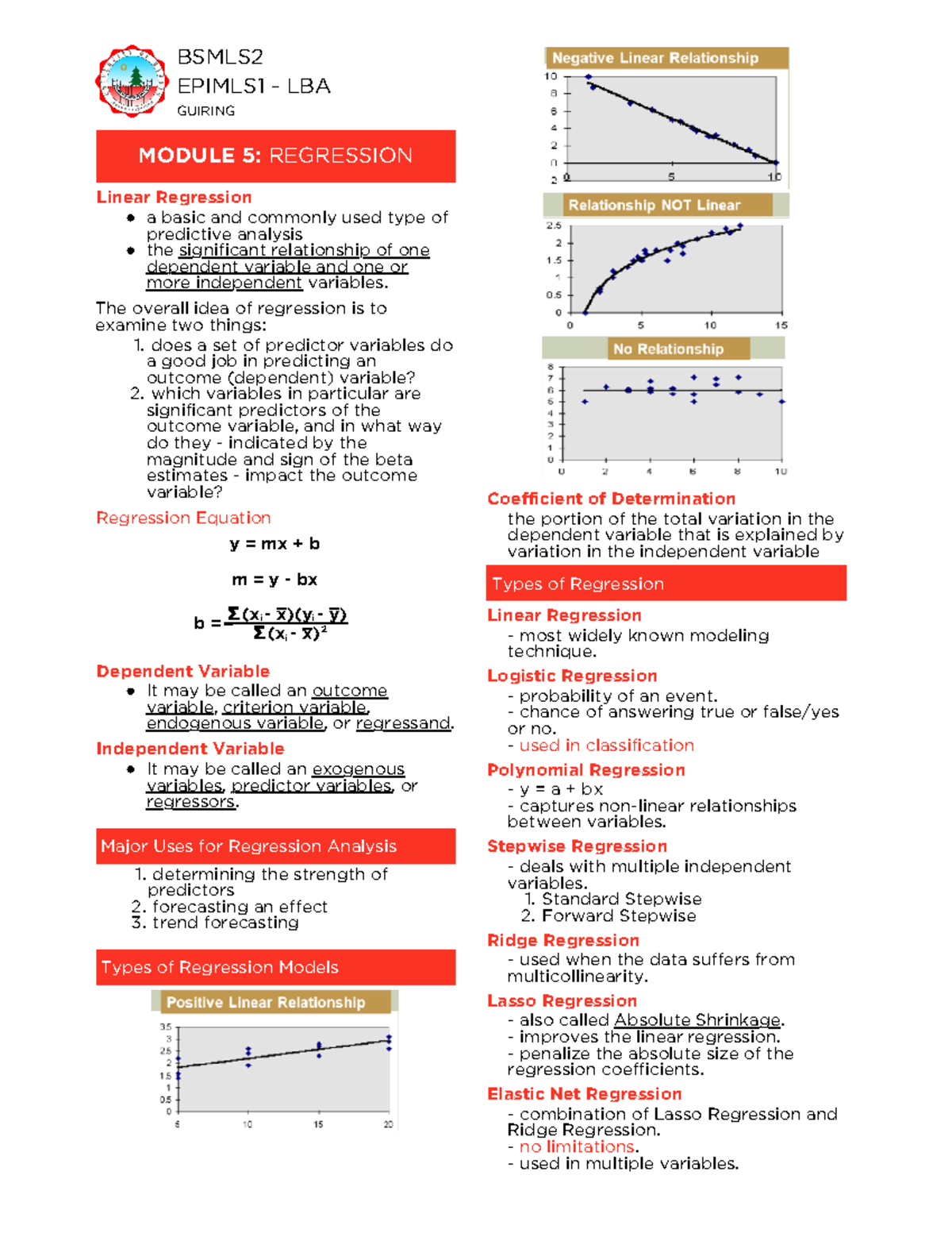 Epimls 1 Module 5 Regression Transes - MODULE 5: REGRESSION ∑(x - x)(y - y) ∑(x - x) i i i l 2 l ...