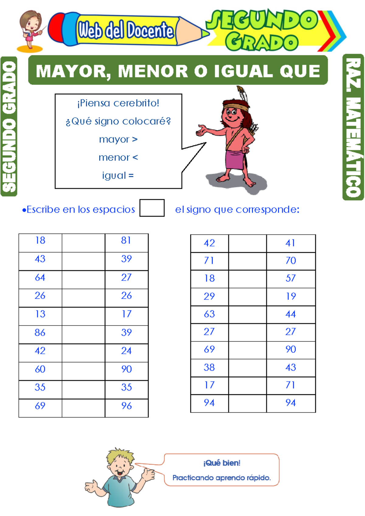 Mayor Menor o Igual que para Segundo Grado de Primaria - Escribe en los ...