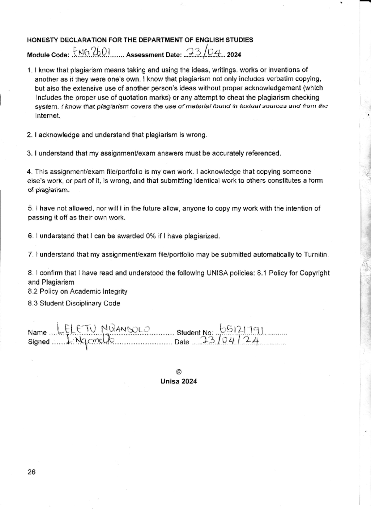 Lelethu ENG Assignment - HONESTY DECLARATION FOR THE DEPARTMENT OF ENGLISH STUDIES Mod u! e code ...