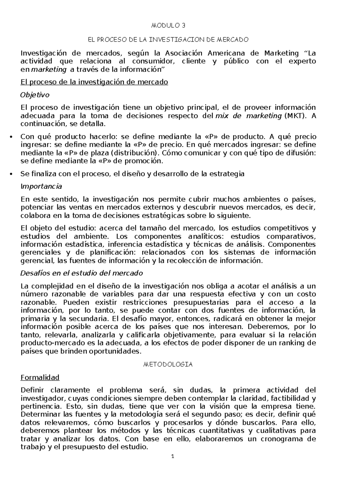 Modulo 3 MKT INT - MODULO 3 EL PROCESO DE LA INVESTIGACION DE MERCADO Investigación de mercados ...