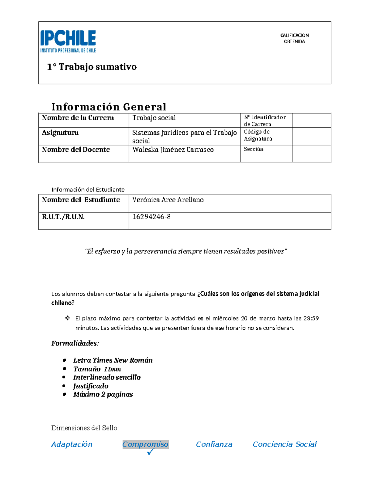 1° Actvidad Realizada - CALIFICACION OBTENIDA 1° Trabajo sumativo ...