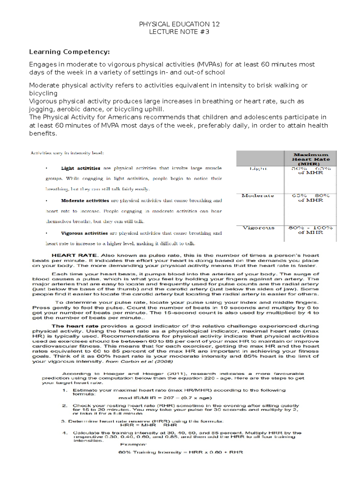 PE Lecture 3 - notes - PHYSICAL EDUCATION 12 LECTURE NOTE Learning ...