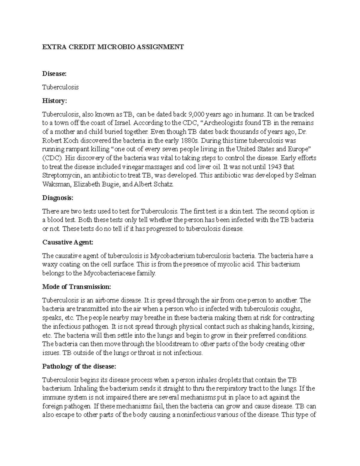 Extra Credit Essay Micro Bio - EXTRA CREDIT MICROBIO ASSIGNMENT Disease ...