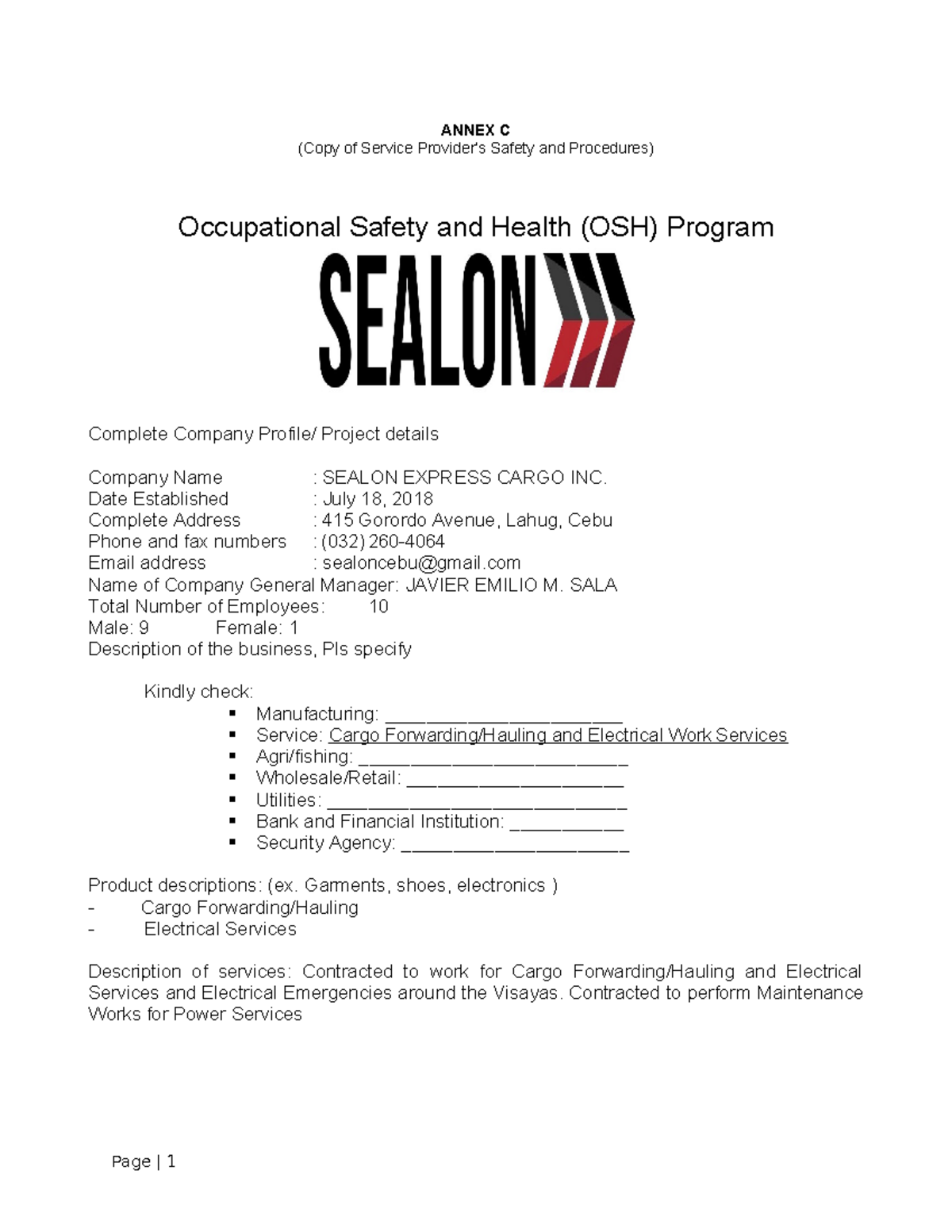 OSH Program 2023 - ANNEX C (Copy of Service Provider’s Safety and ...