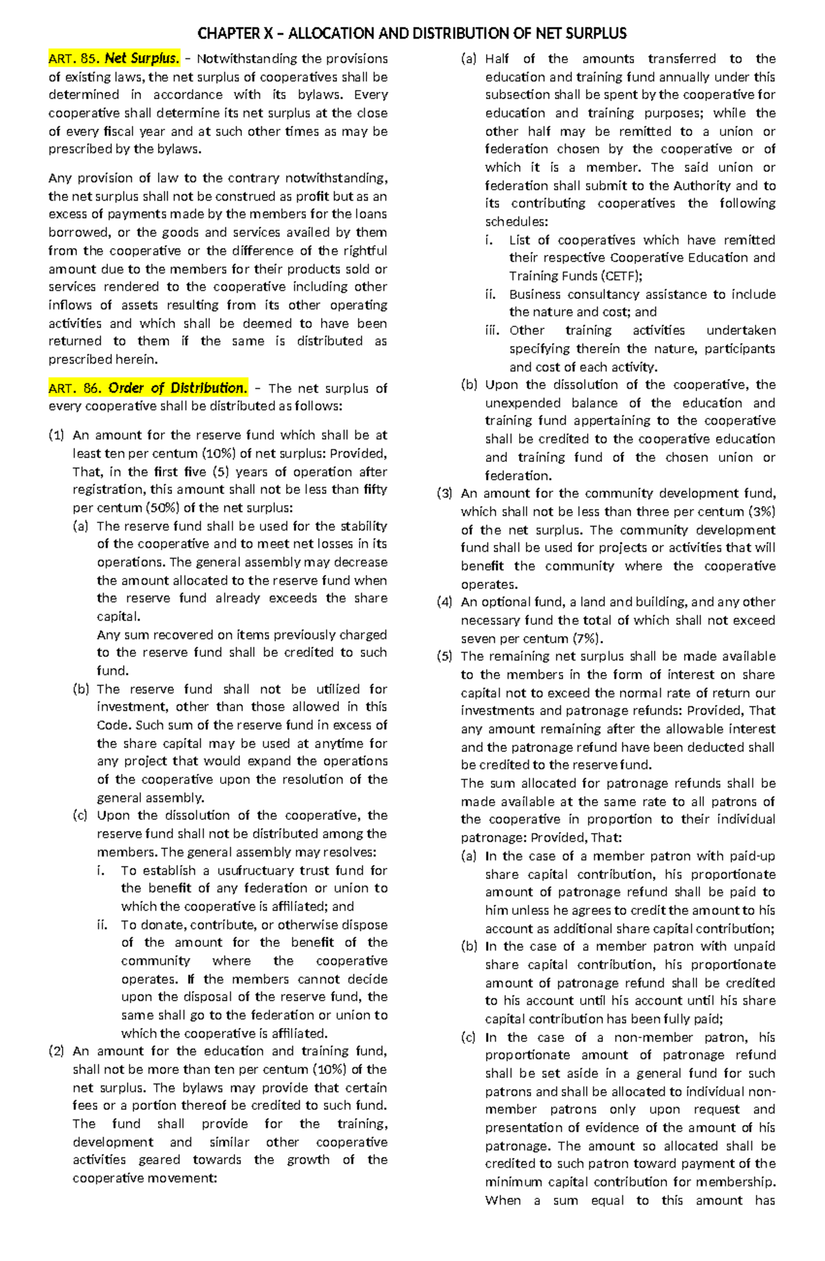 Ch 10 - notes cooperative - CHAPTER X – ALLOCATION AND DISTRIBUTION OF ...