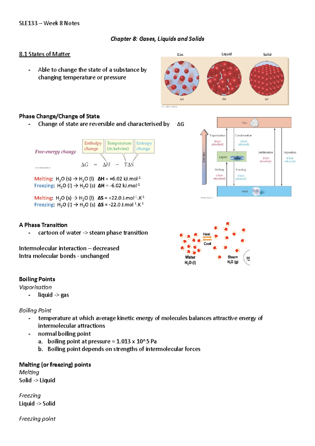 SLE133 - week 8 notes - SLE133 – Week 8 Notes Chapter 8: Gases, Liquids ...