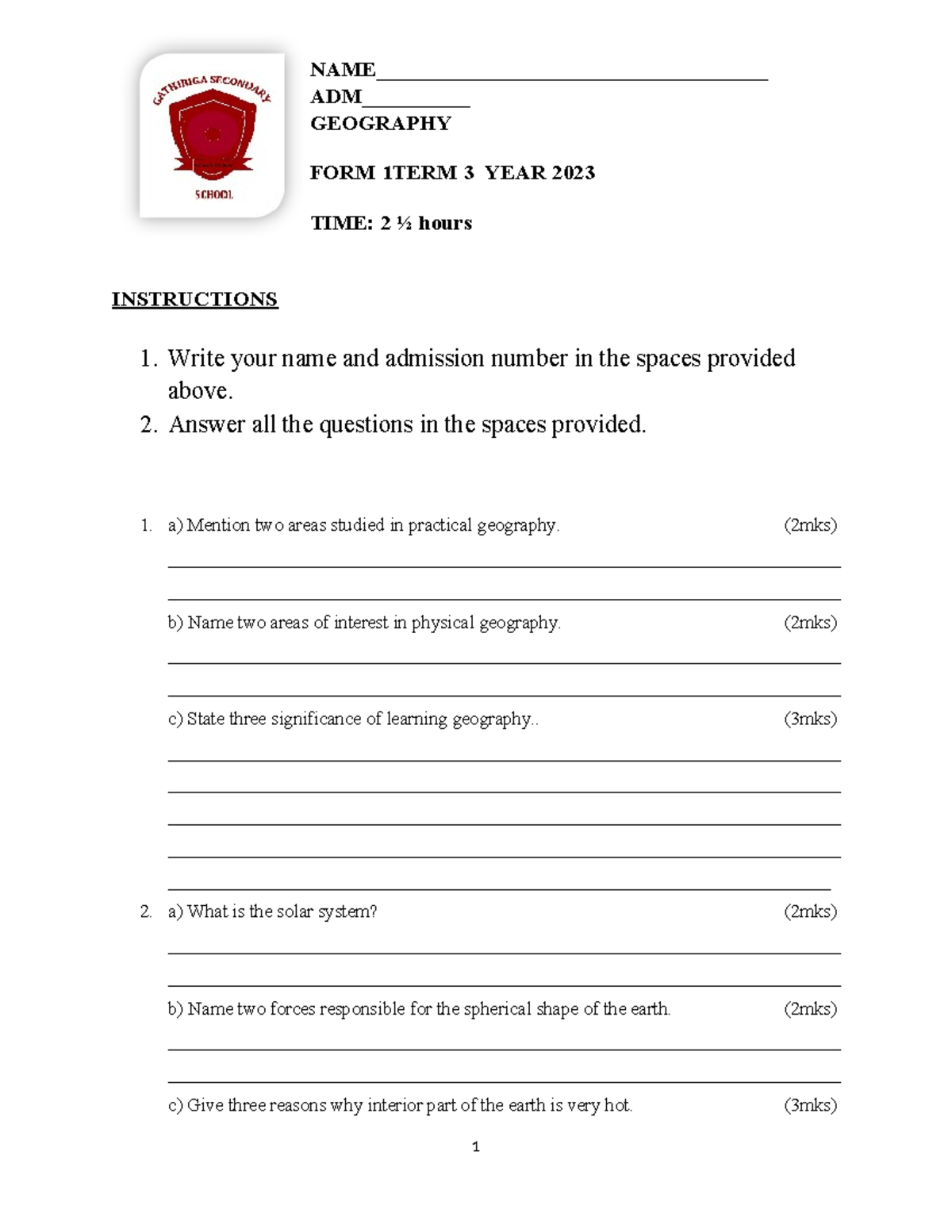 Form 1 geo - Notes - NAME____________________________________ ADM ...