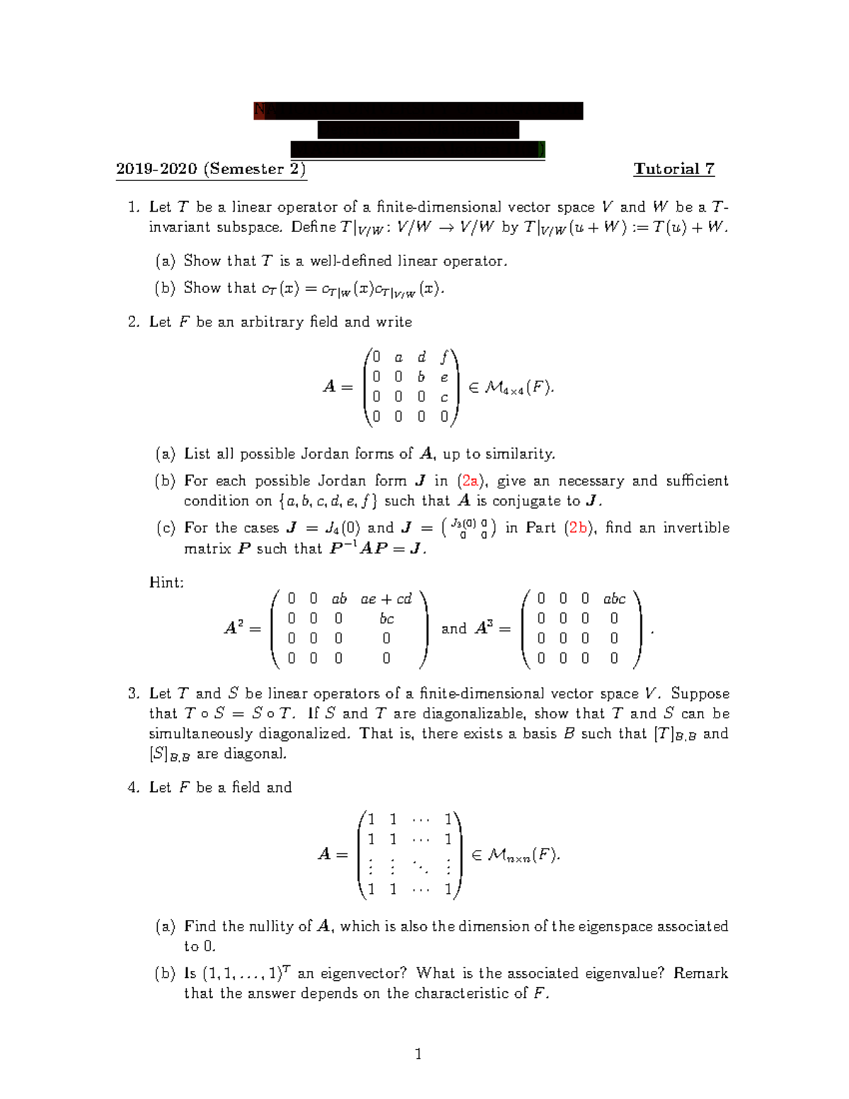 Show that T is a well-defined - NATIONAL UNIVERSITY OF SINGAPORE ...