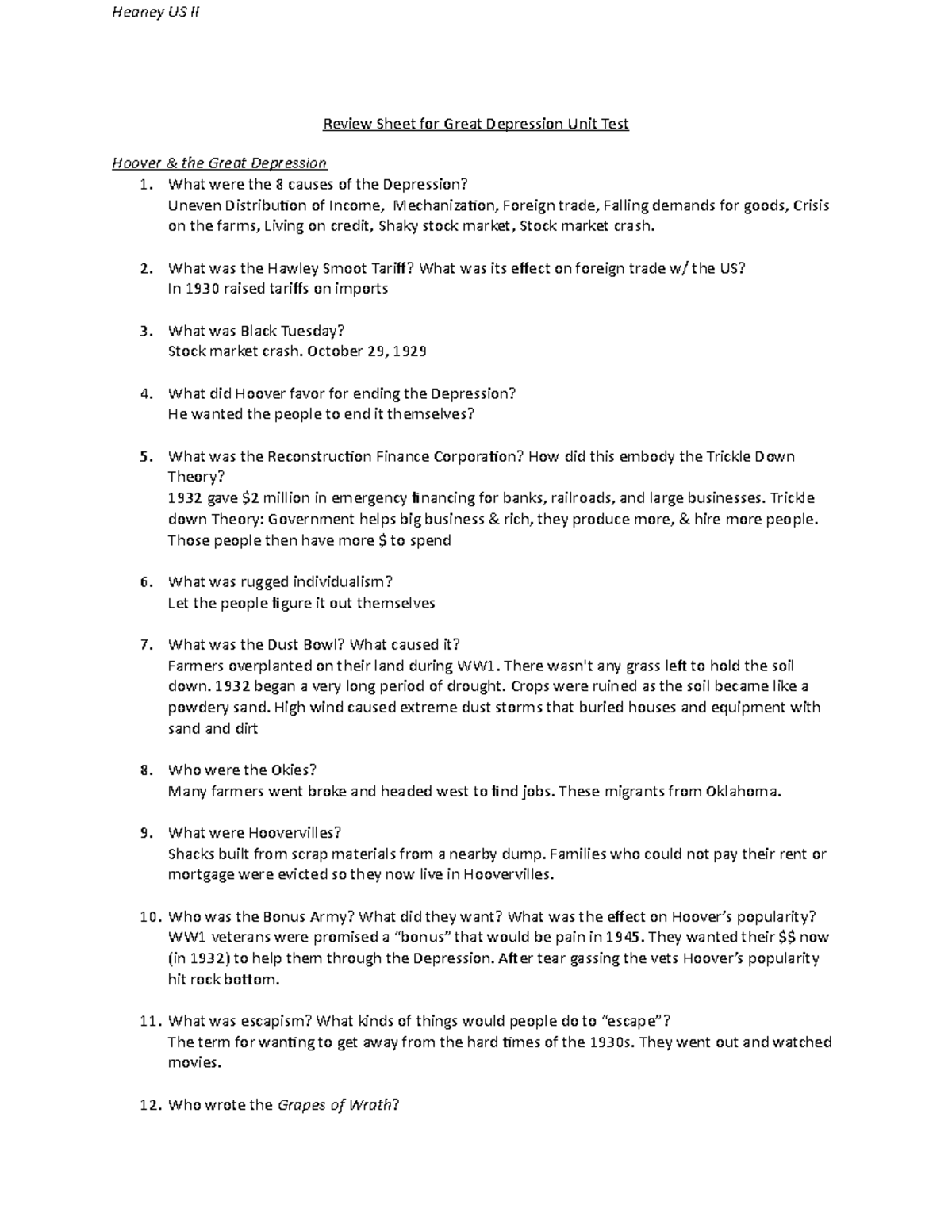 GD Review - notes - Review Sheet for Great Depression Unit Test Hoover ...