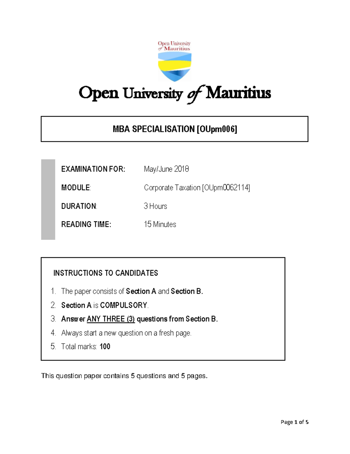 Corporate Taxation - exam - Open University of Mauritius MBA ...