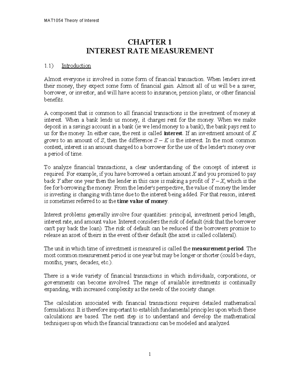 Lecture Chapter 1 Theory of Interest BAS - MAT1054 Theory of Interest ...