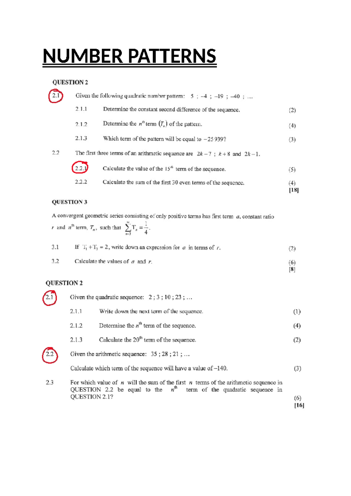 Number Patterns - NUMBER PATTERNS QUESTION 2 2 Given the following quadratic number pattern: 5 2 ...