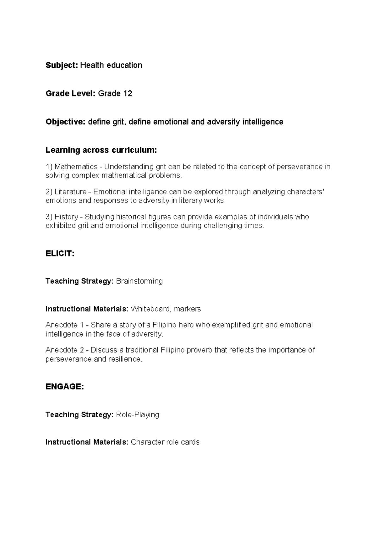 Lesson plan - Subject: Health education Grade Level: Grade 12 Objective ...