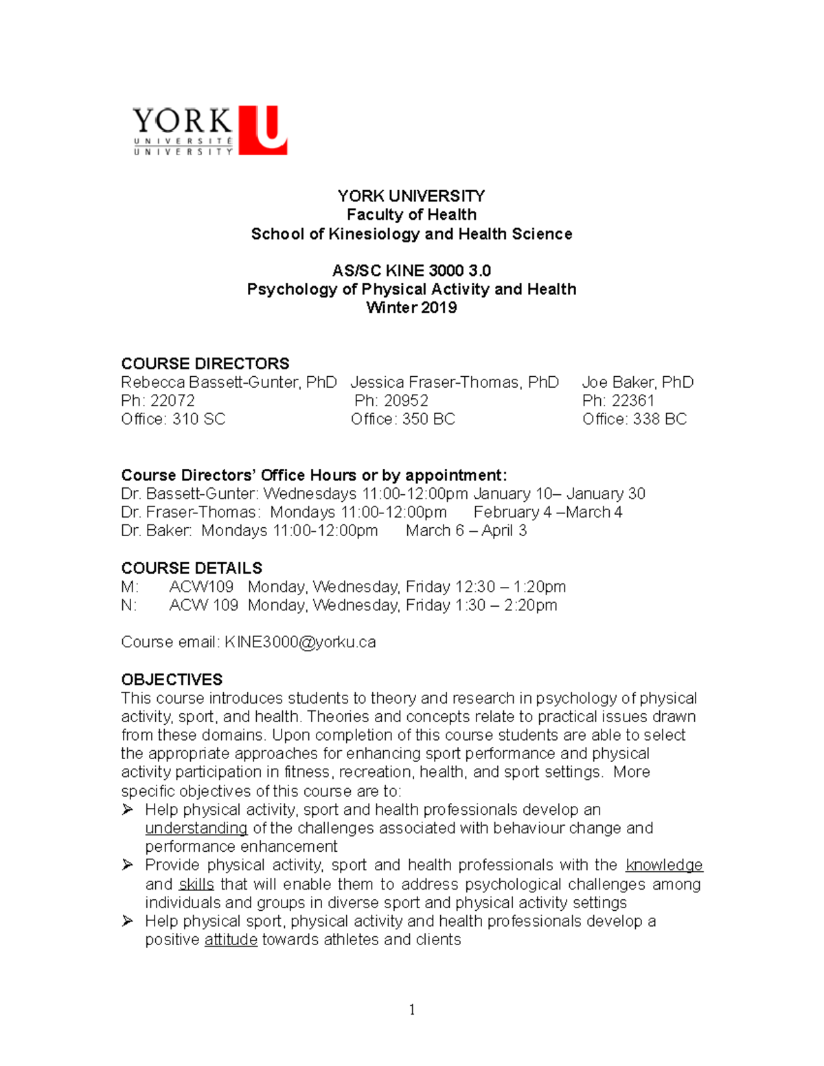 KINE 3000 Final outline 2019 - YORK UNIVERSITY Faculty of Health School ...