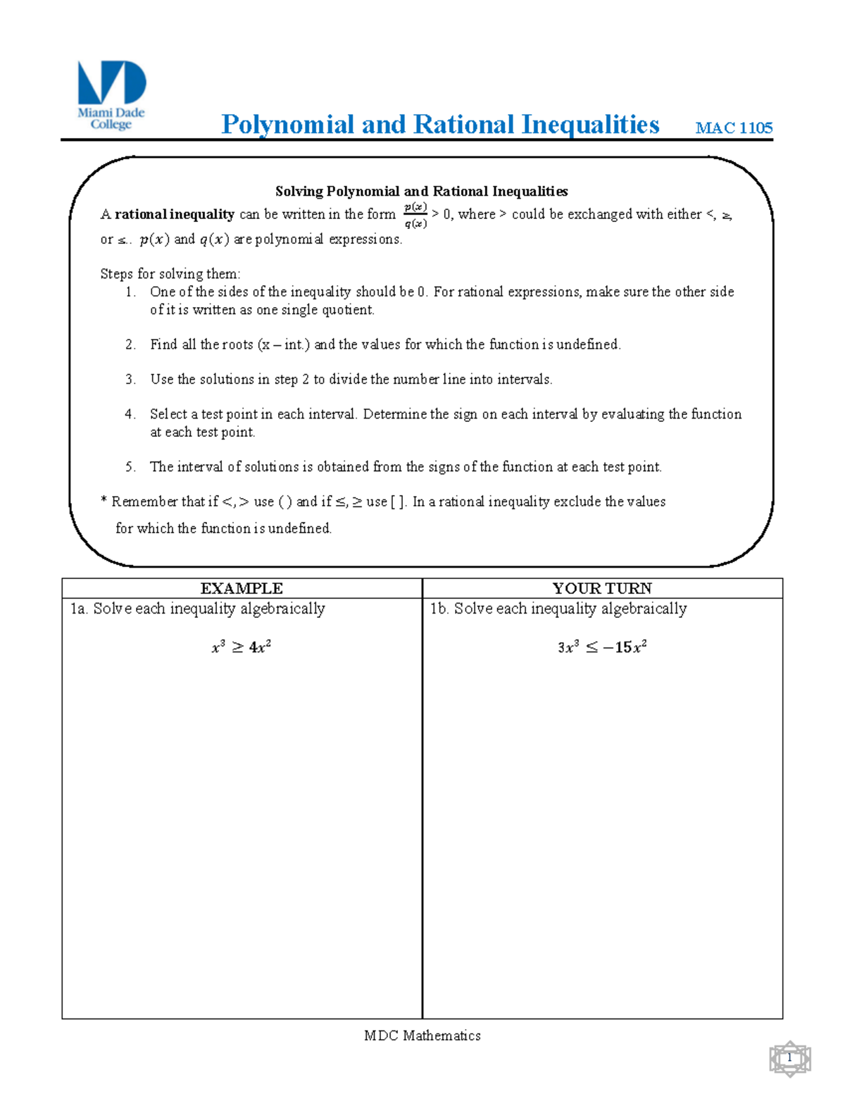 MAC 1105 Polynomial and Rational Inequalities Sec - Polynomial and ...