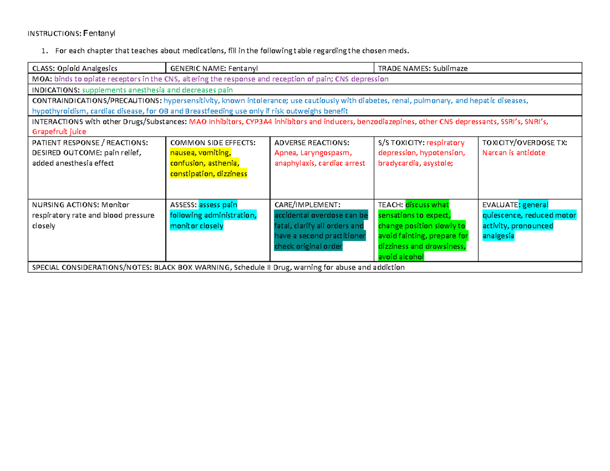 Fentanyl Med Card - INSTRUCTIONS: Fentanyl For each chapter that ...