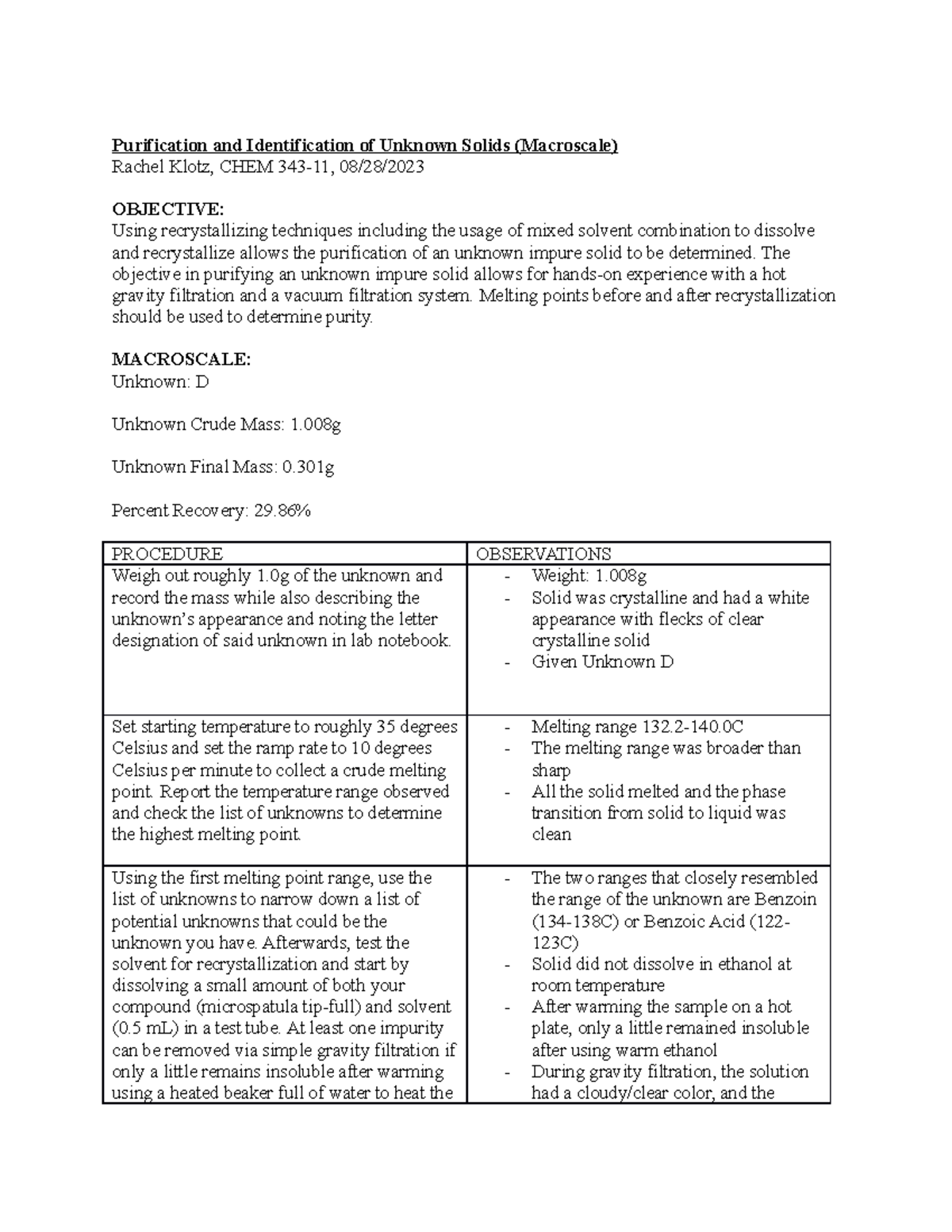 CHEM 343-11 EXP. 1 LAB Report - Purification and Identification of ...
