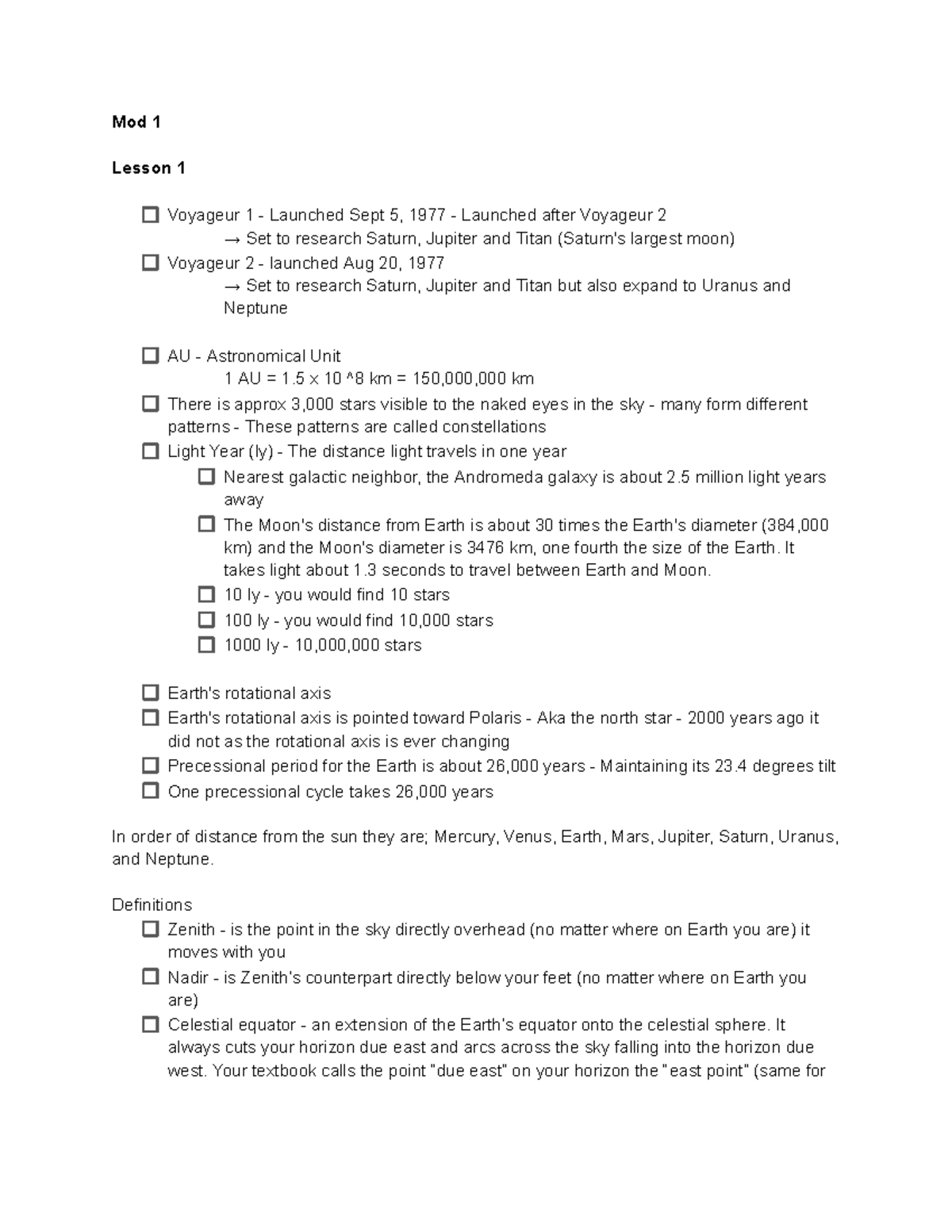 AS101 - mod 1 notes - Mod 1 Lesson 1 Voyageur 1 - Launched Sept 5, 1977 ...
