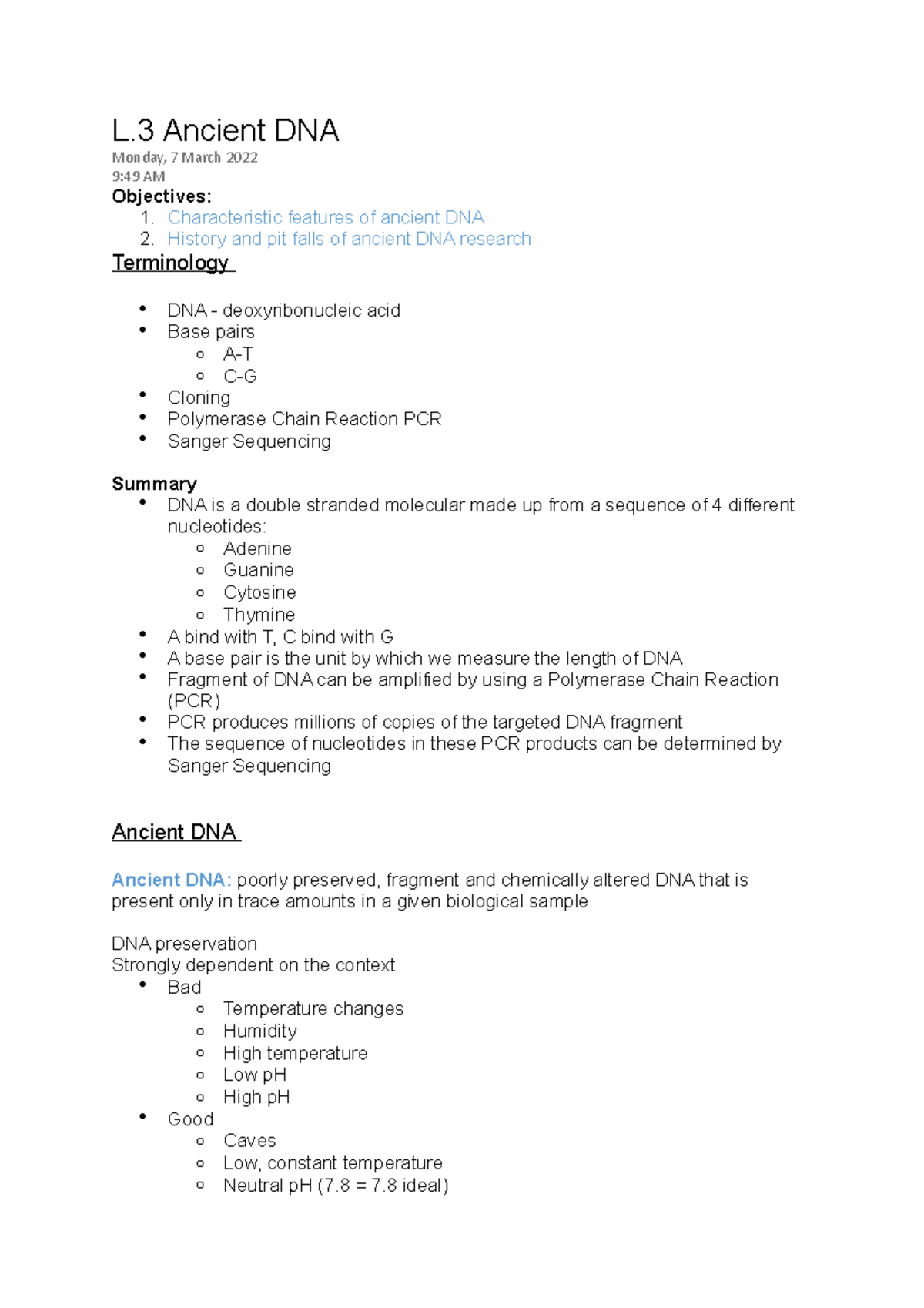 Lecture One Ancient DNA for Bioanthropology - L Ancient DNA Monday, 7 ...