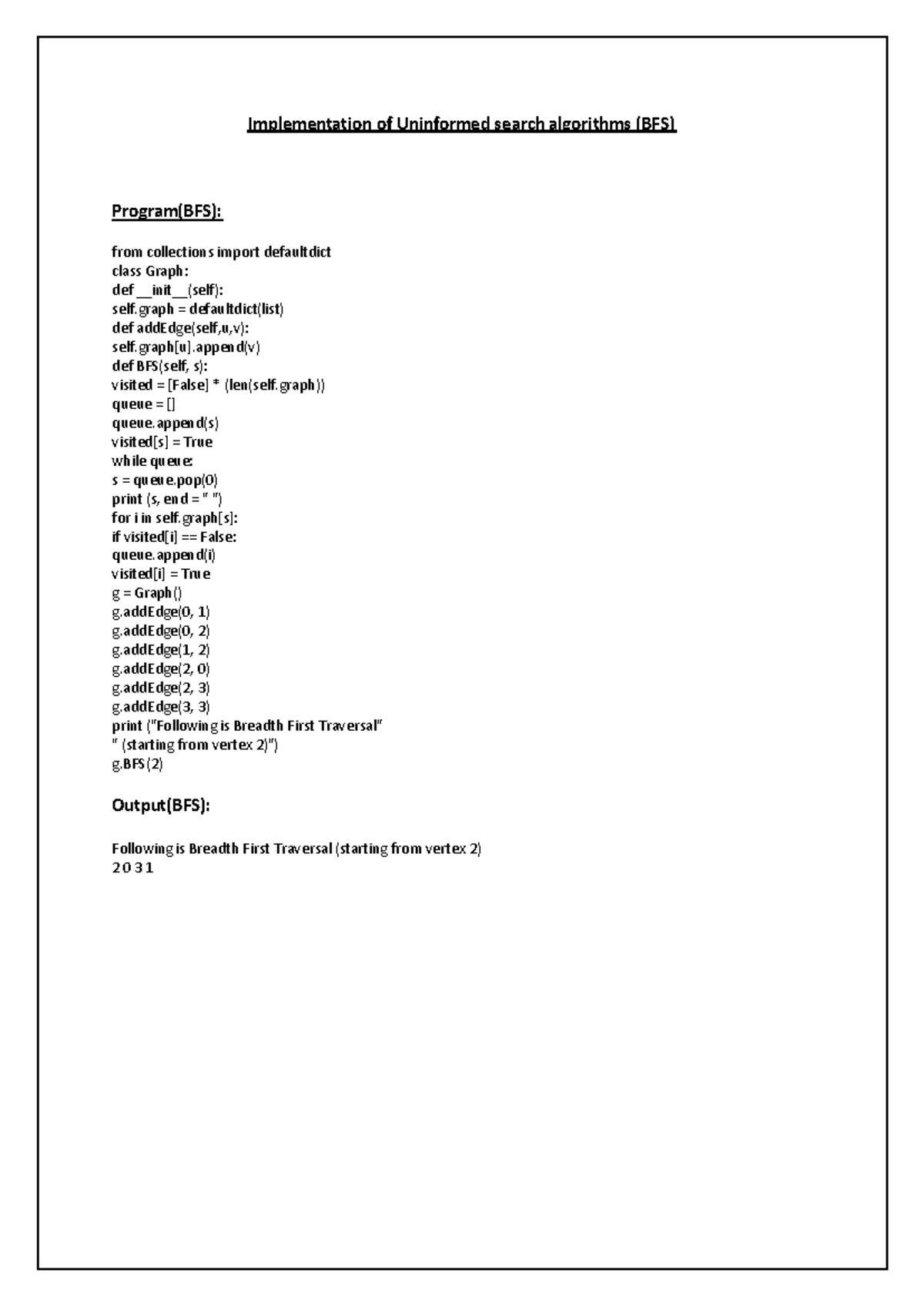 Record (AIML) - notes - Implementation of Uninformed search algorithms ...