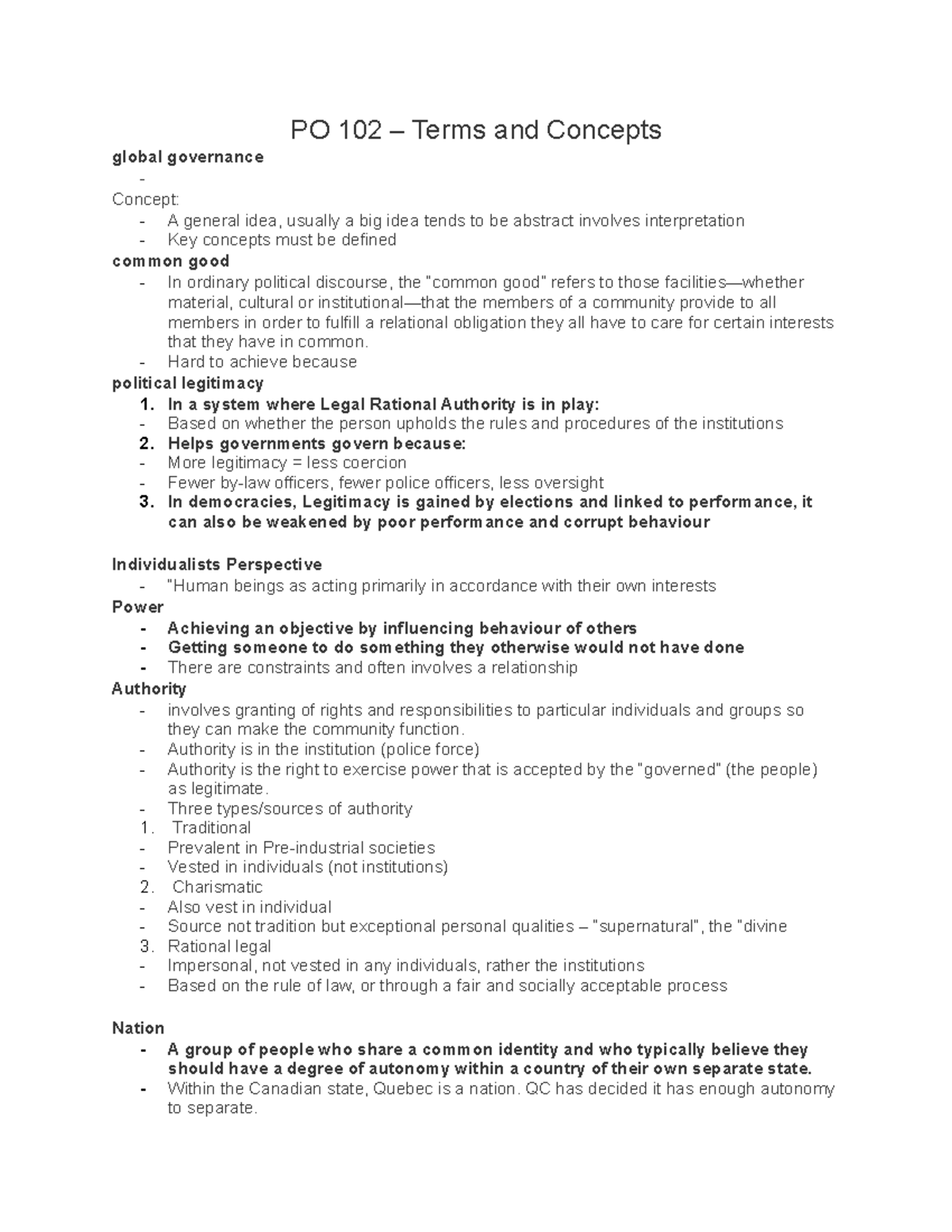 PO102 Quiz 1 Review - PO 102 – Terms and Concepts global governance ...