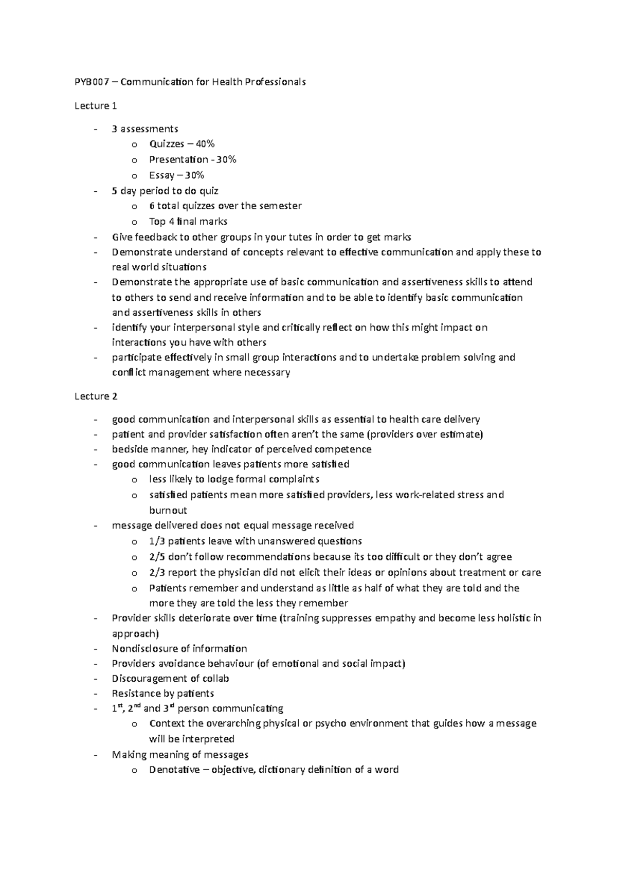 PYB007 Lectures - Lecture notes 1,2 - PYB007 – Communication for Health ...