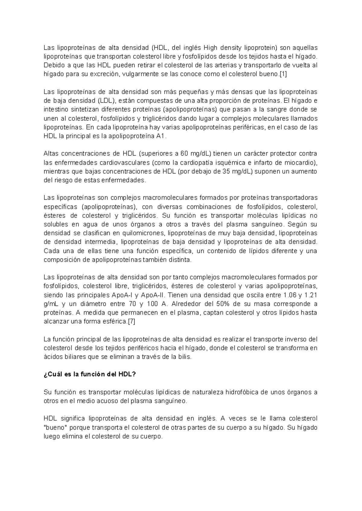 HDL - Resumen Bioquimica - Las lipoproteínas de alta densidad (HDL, del ...