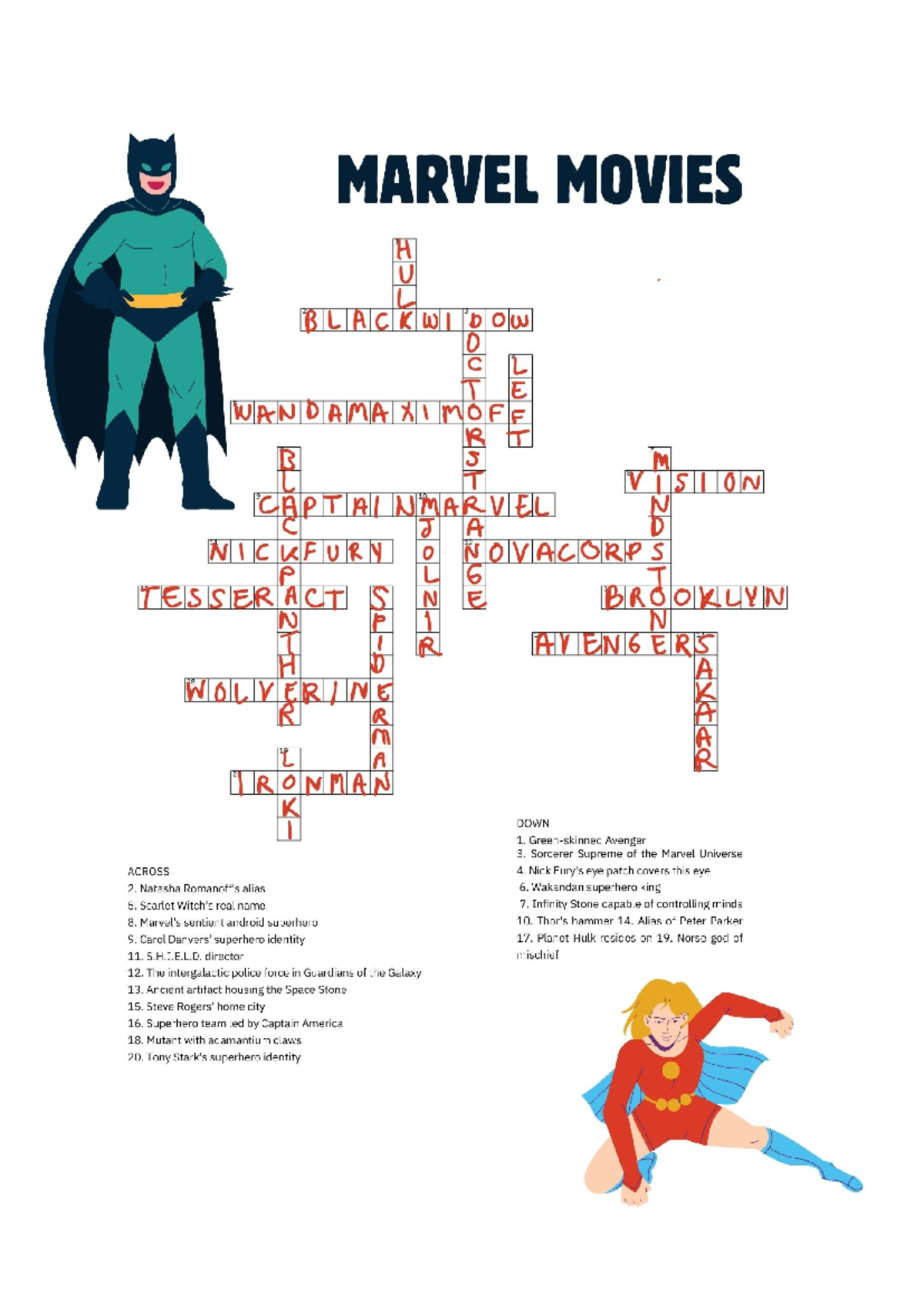 Marvel crossword key - MARVEL MOVIES H U L BLACKWI DOW 0 C L T E ...