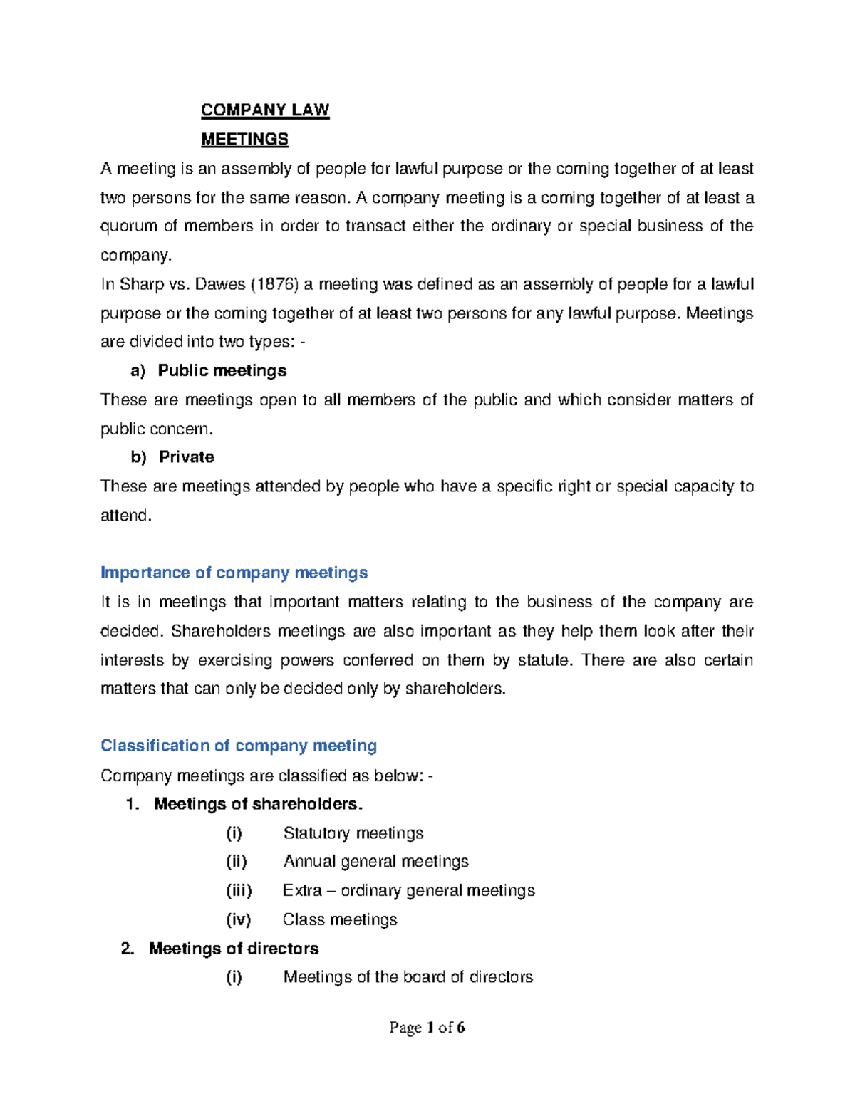 Company Law Lecture Notes- Meetings - COMPANY LAW MEETINGS A meeting is ...