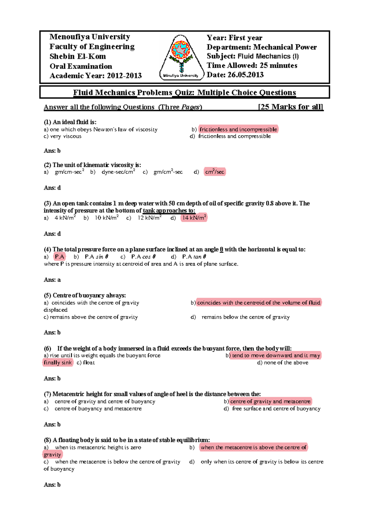 Oral Exam Fluid - Fluid Mechanics Problems Quiz: Multiple Choice ...