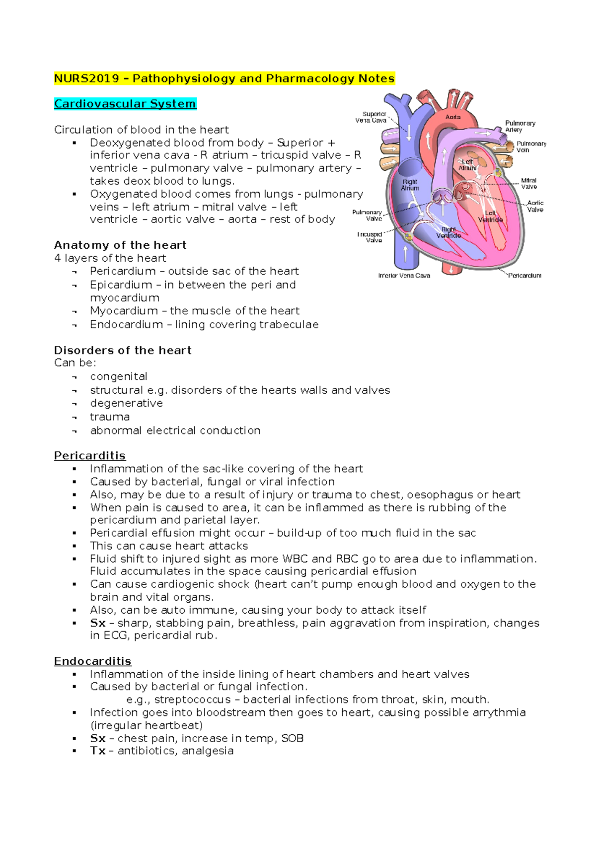 Pathophysiology and Pharmacology 2 Notes - NURS2019 – Pathophysiology ...
