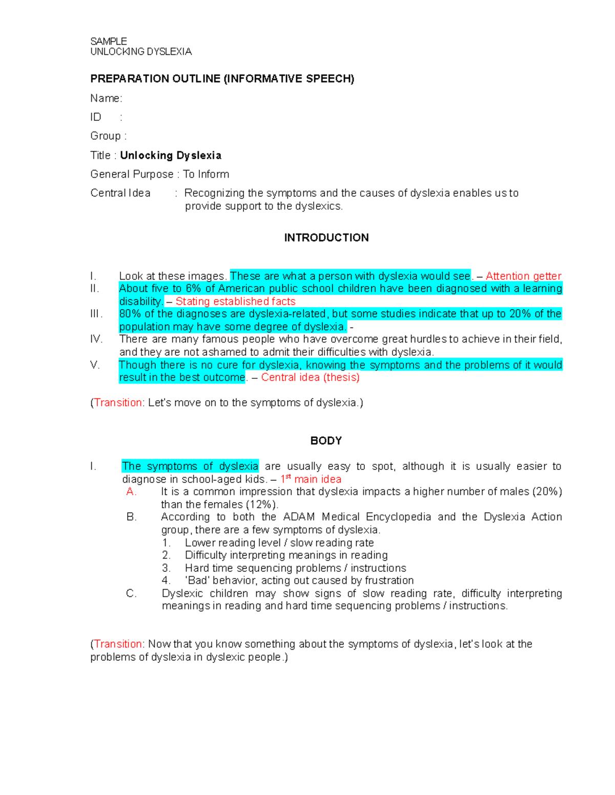 Dyslexia Outline - elc - SAMPLE UNLOCKING DYSLEXIA PREPARATION OUTLINE ...