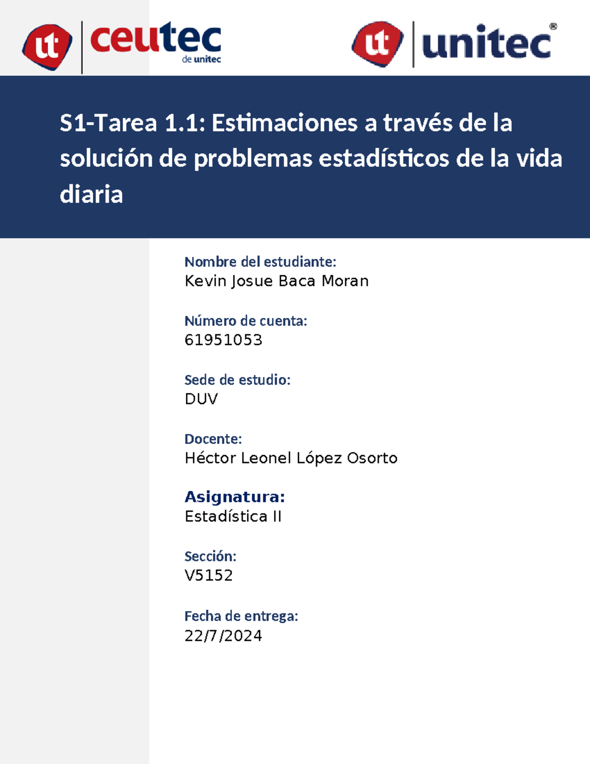 Portada - Estadística - Nombre del estudiante: Kevin Josue Baca Moran ...