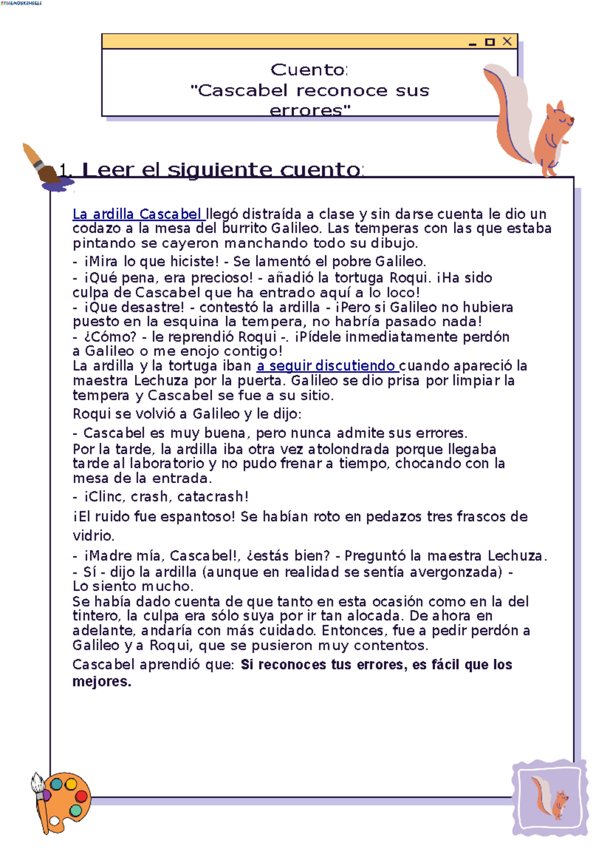 Actividad Cuento - trabajos en valores - Cuen t o: "Cascabel reconoce ...