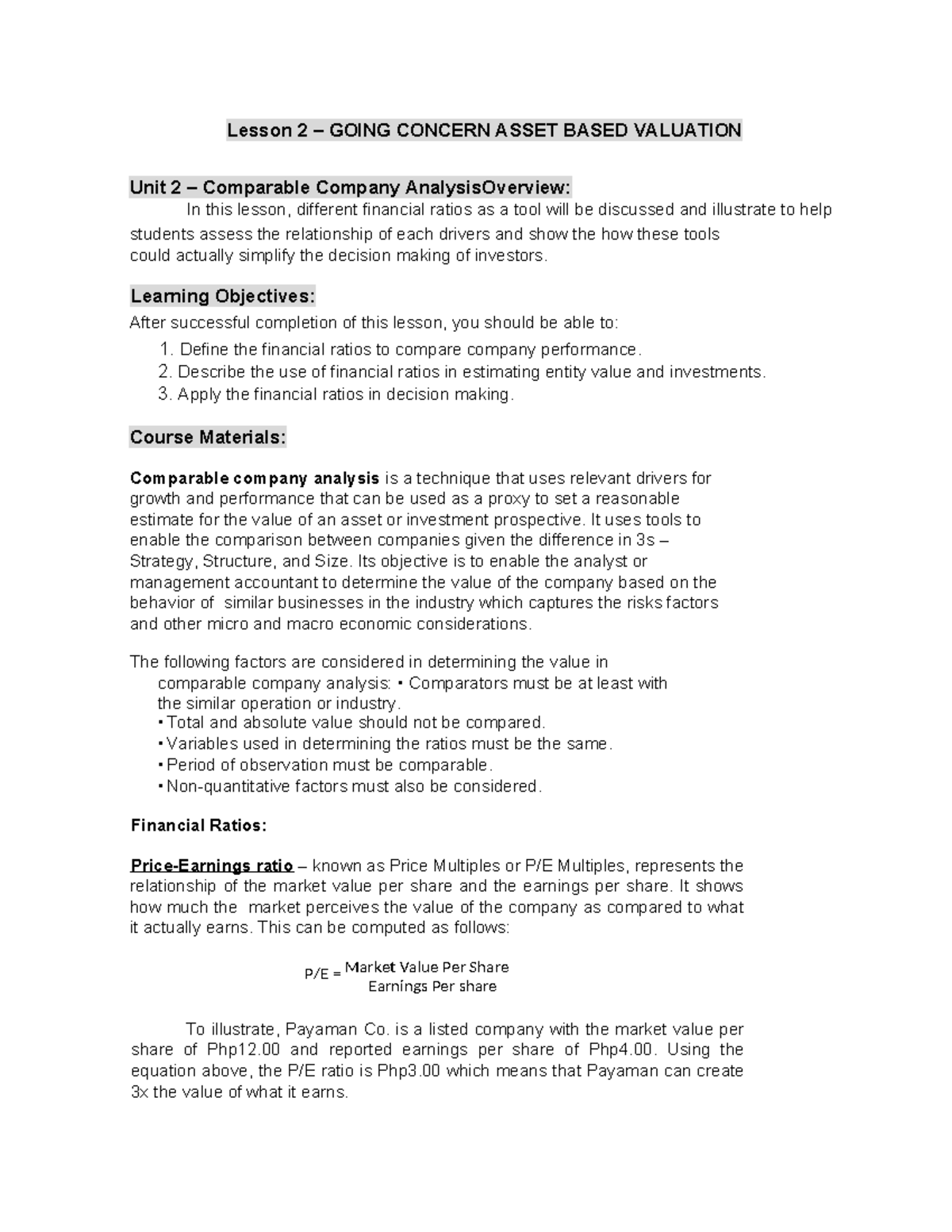 3 Lesson-2- Going- Concern- Asset- Based- Valuation -Unit-2-Comparable ...