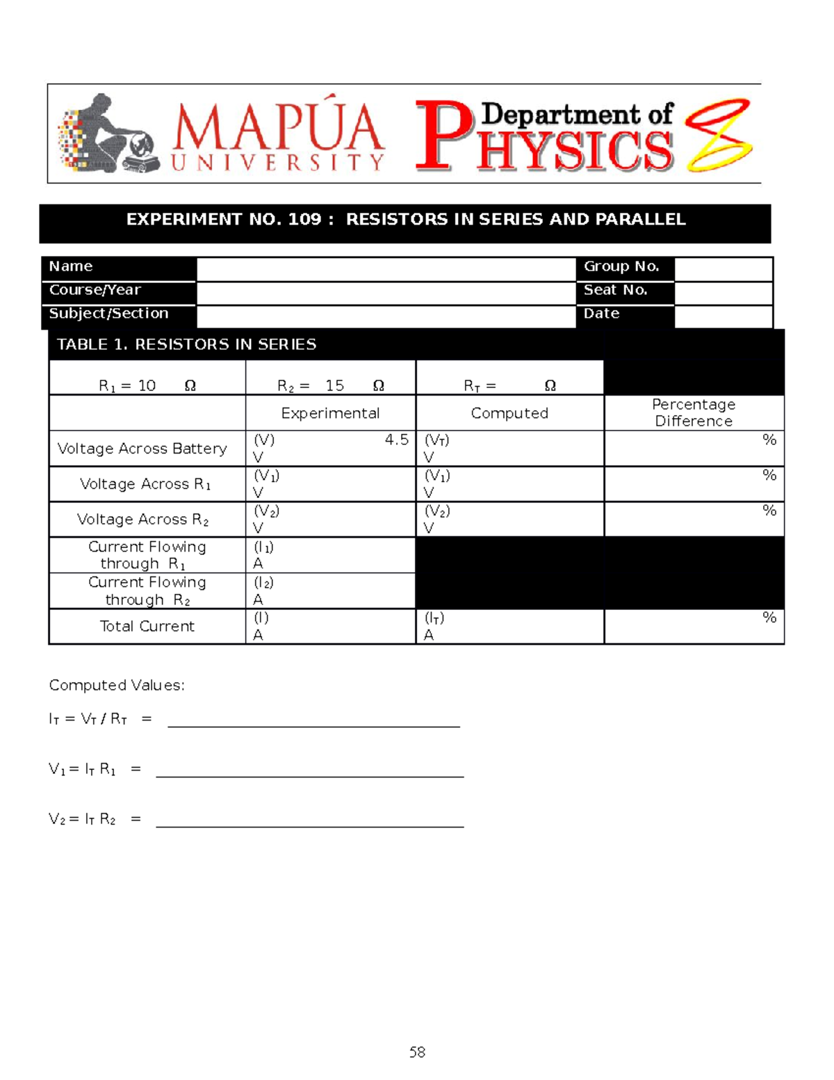 E9 - Data - Experiment 9 - PHYSICS FOR ENGINEERING - LABORATORY - Mapúa ...