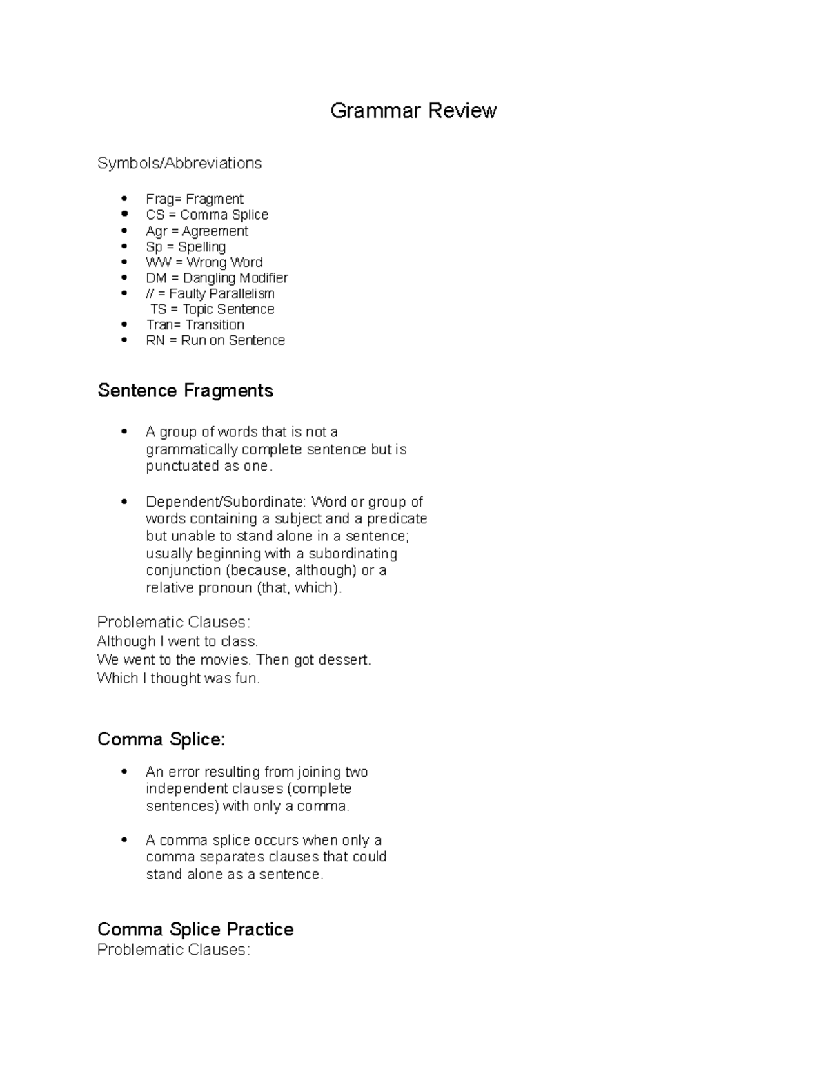 Grammar Review - Randi Anderson - Grammar Review Symbols/Abbreviations ...