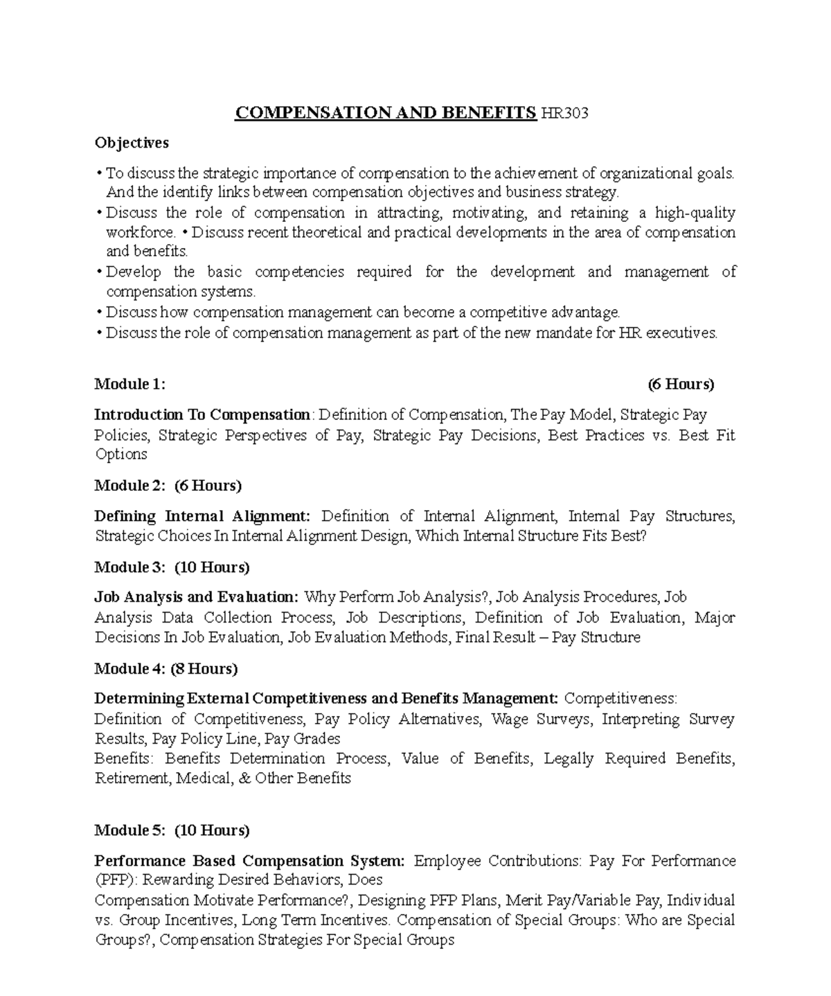 Compenations and Benefits M1 - COMPENSATION AND BENEFITS HR Objectives ...