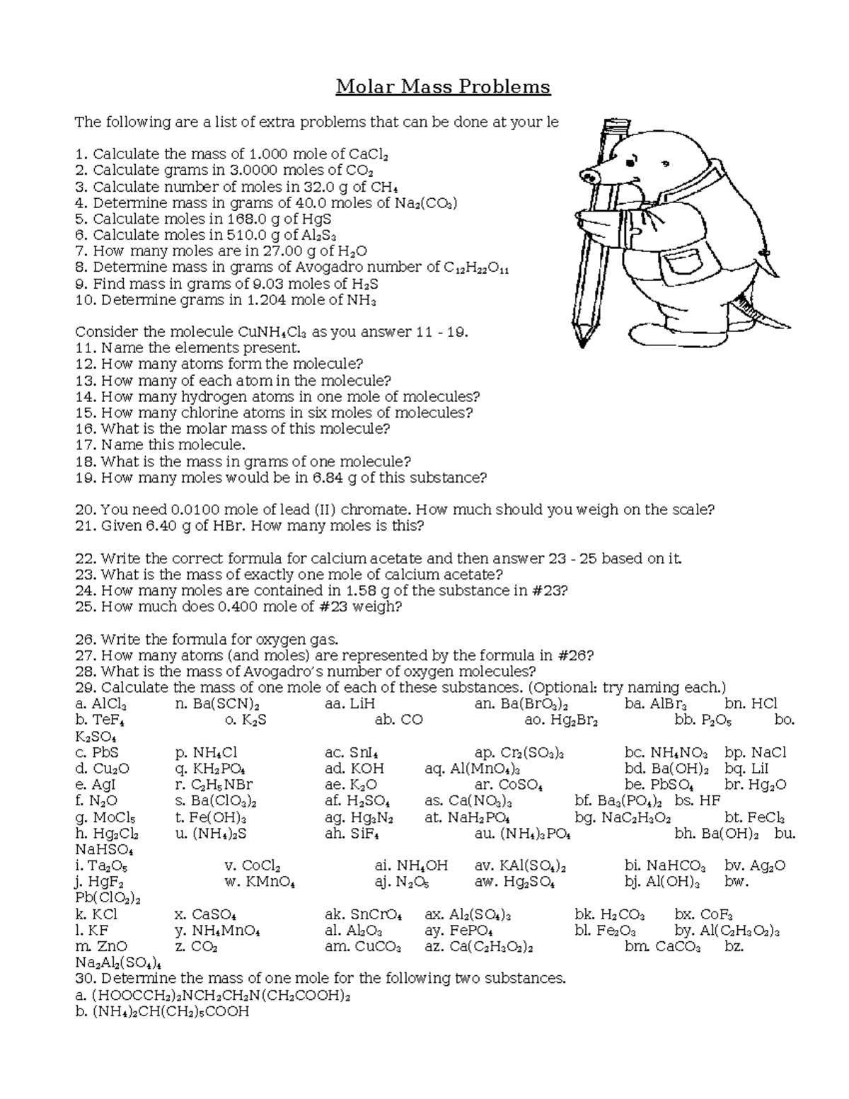 03 worksheet Molar Mass - Molar Mass Problems The following are a list ...