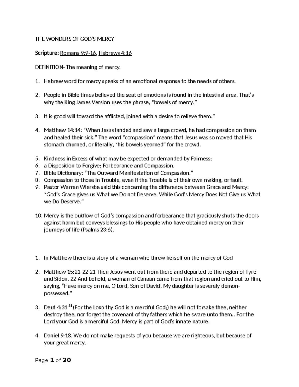 Sermon ON Mercy - THE WONDERS OF GOD’S MERCY Scripture: Romans 9:9-16 ...