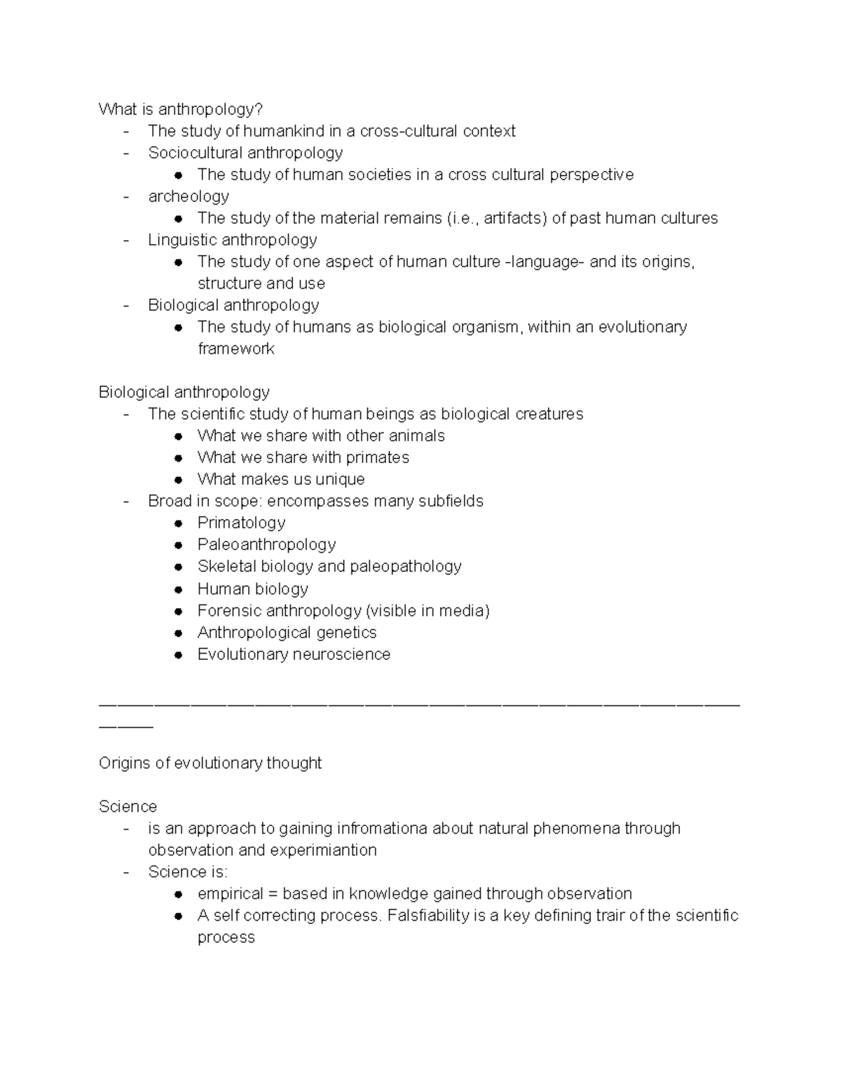 Biological anthro - Class Notes - What is anthropology? - The study of ...