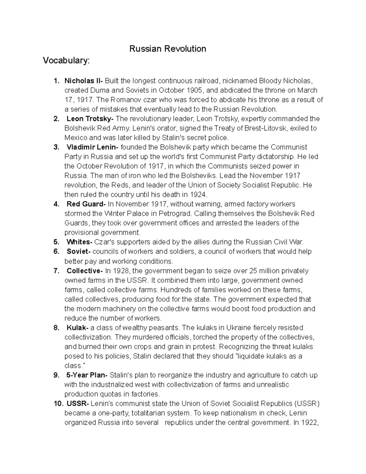 Russian Revolution Study Guide - Russian Revolution Vocabulary ...
