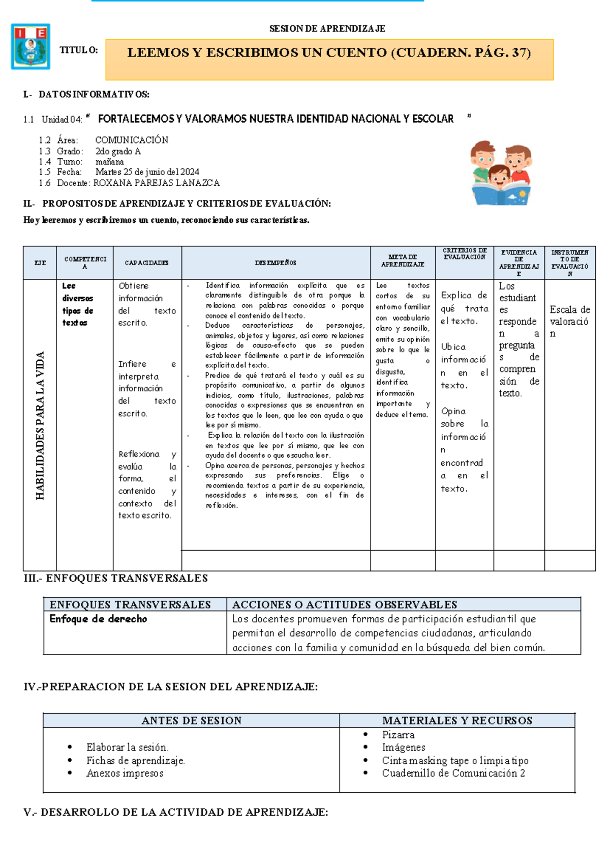 COMU- Leemos Y Escribimos Cuentos - SESION DE APRENDIZAJE TITULO: I.- DATOS INFORMATIVOS: 1 ...