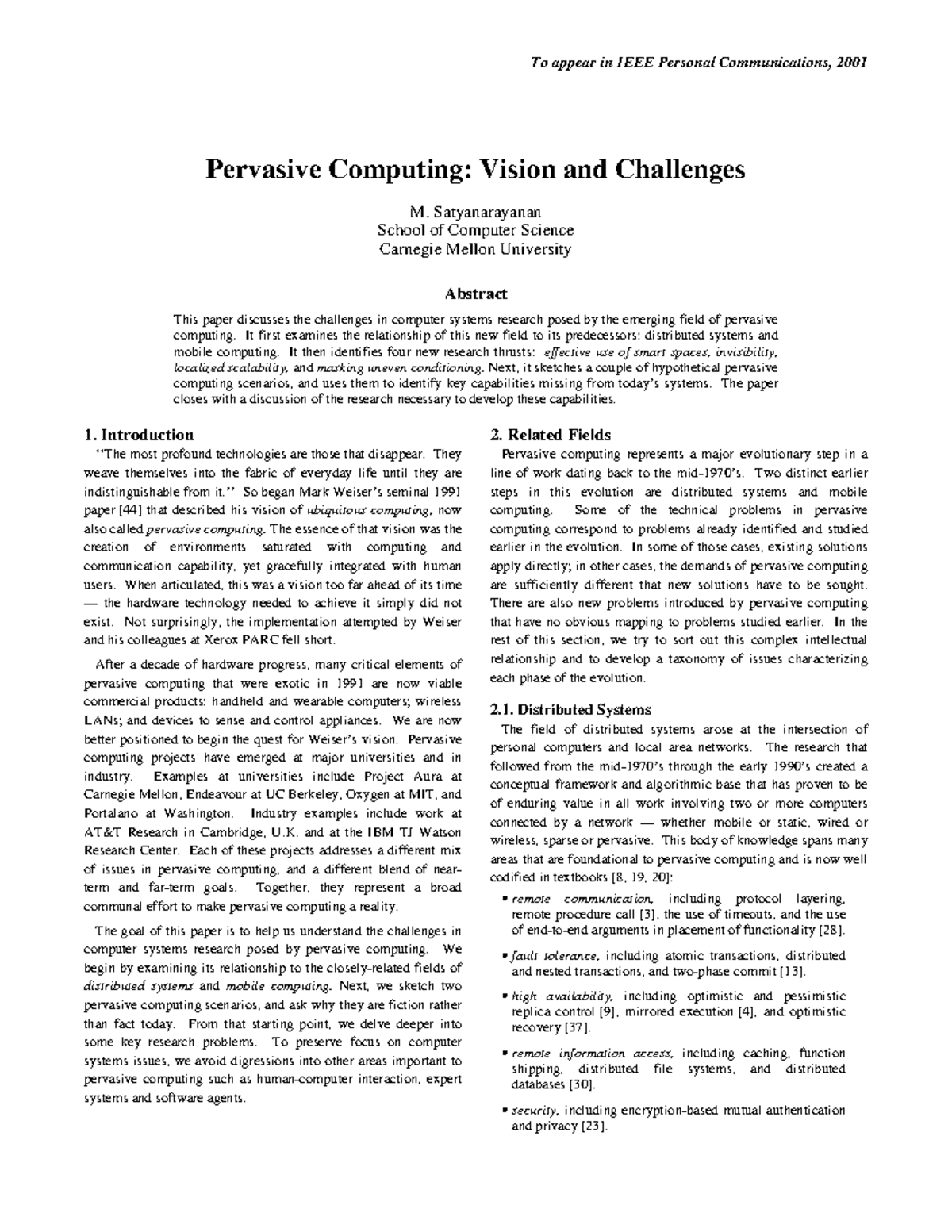 Pervasive Computing Vision and Challenges - Satyanarayanan School of ...