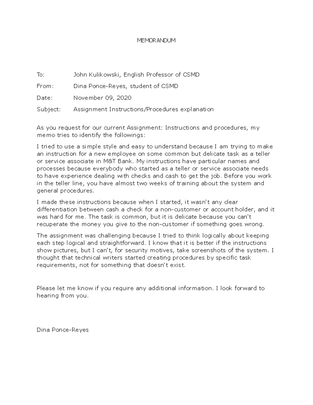 Memorandum Assignment - MEMORANDUM To: John Kulikowski, English ...