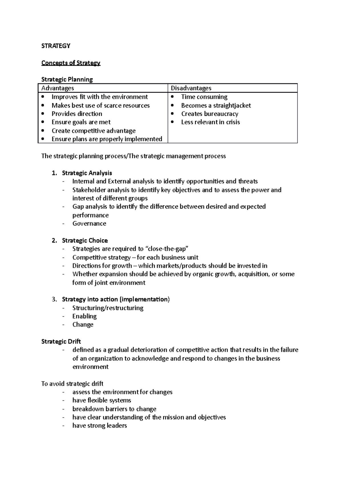 SBL Notes - Strategy - STRATEGY Concepts of Strategy Strategic Planning ...