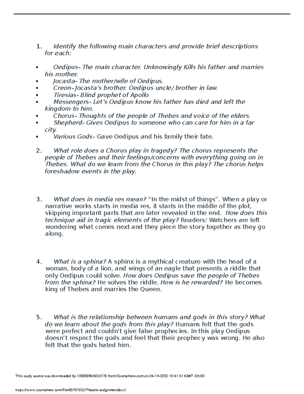 Theatre assignment - Identify the following main characters and provide ...