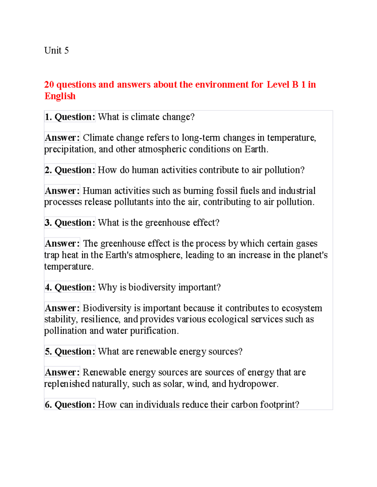 Questions AND Answers FOR AVCB2 - to students - Unit 5 20 questions and ...