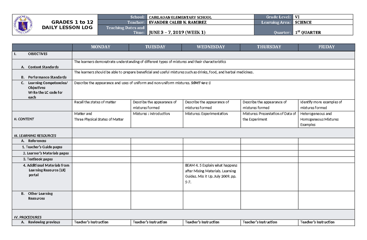 daily lesson log - GRADES 1 to 12 DAILY LESSON LOG School: CABILAOAN ...