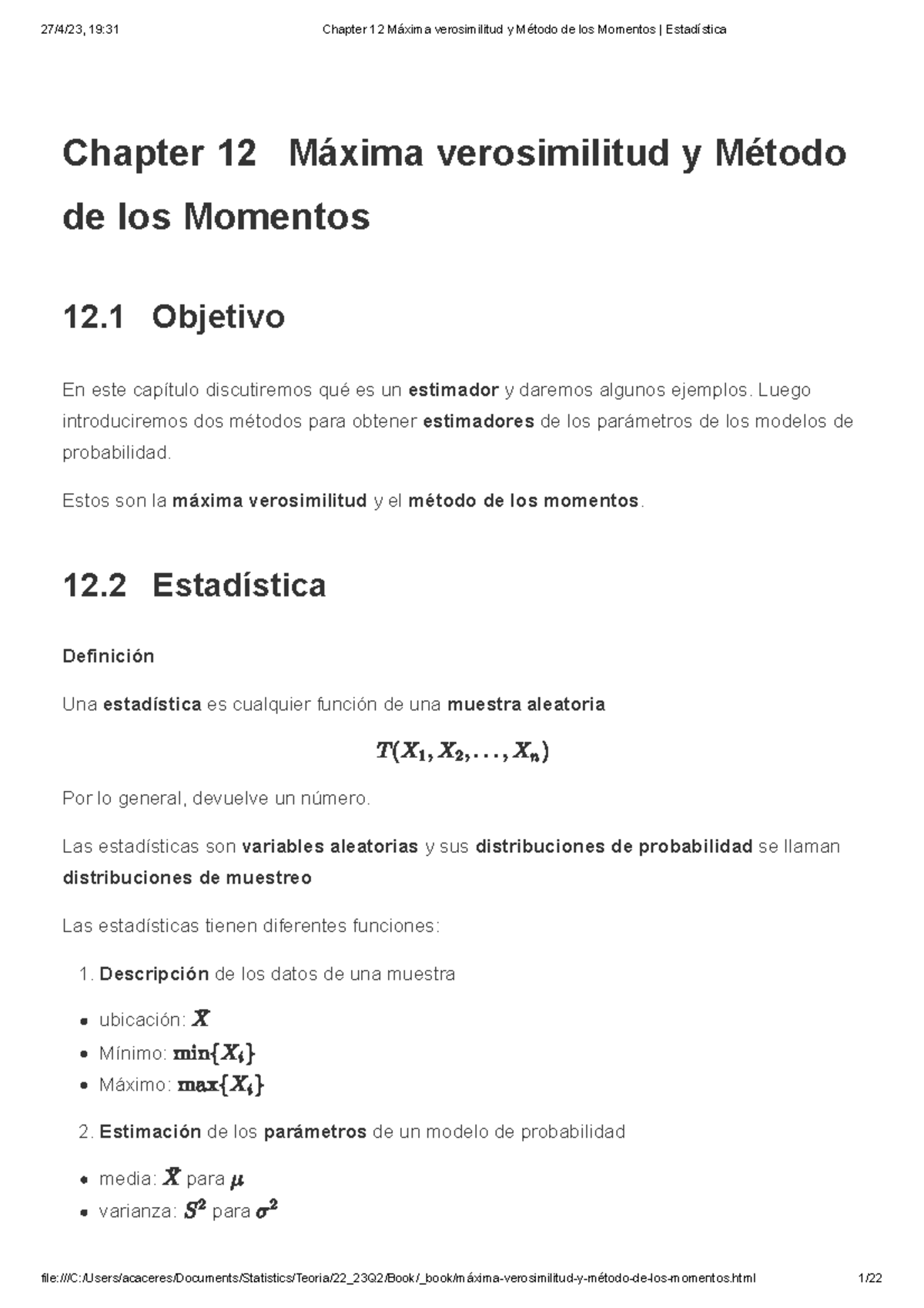 Máxima verosimilitud y Método de los Momentos - Chapter 12 Máxima ...